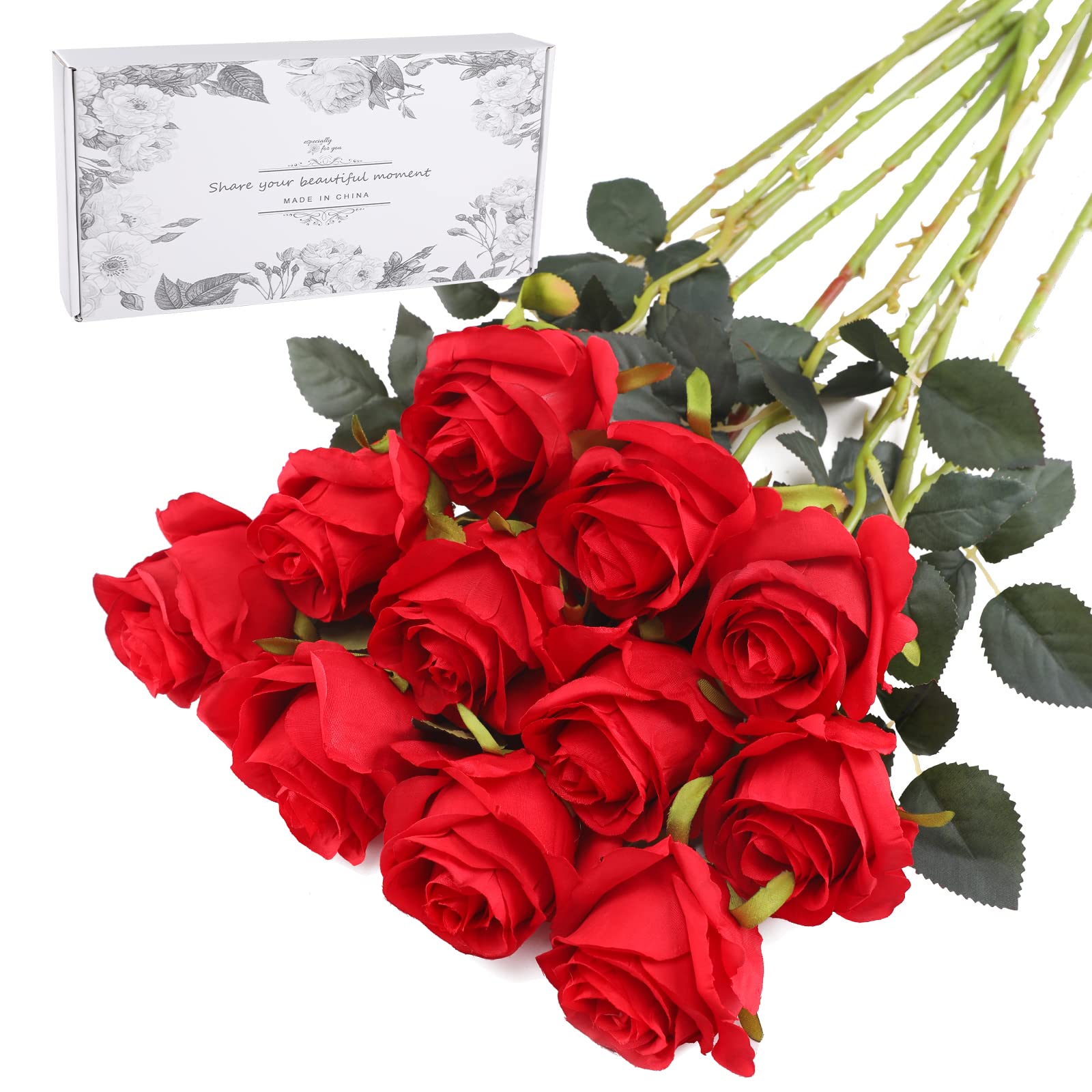Hawesome Artificial Flowers 10 PCS Silk Roses with Long Stems Faux Realistic Roses for Wedding Bouquets Table Centerpieces Party Home Decor(White)