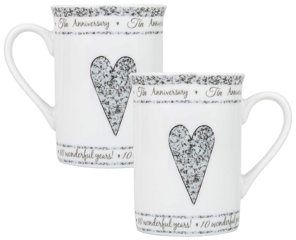Beautifully Designed 10th Tin Wedding Anniversary Set of Ceramic Mugs with Hearts | Dishwasher and Microwave Safe with Decorative Keepsake Box