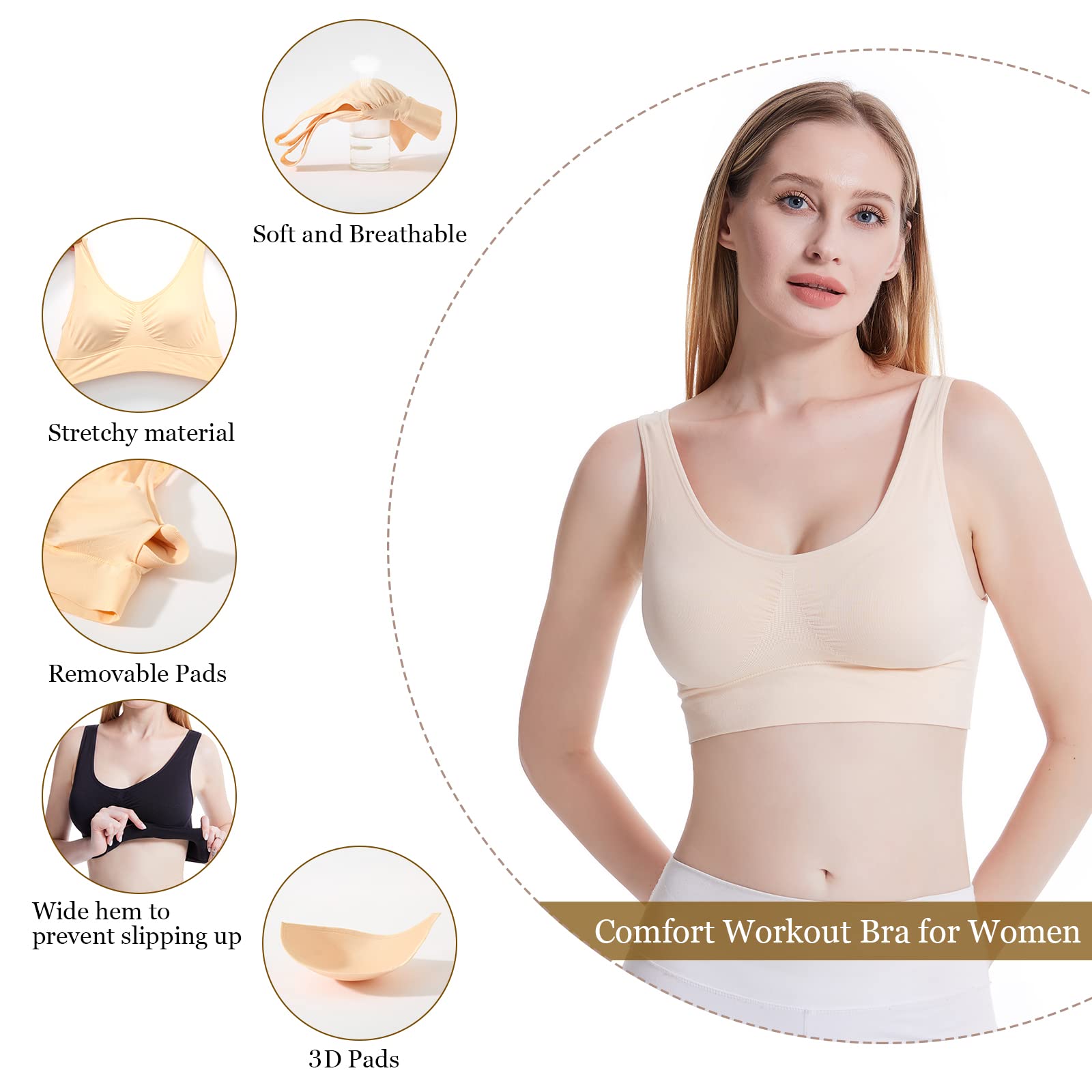 CASOMS Sleep Bras, Comfort Bras for Women, Seamless, Wireless, Yoga Bras with Removable Pads 3 Pack, X-Large