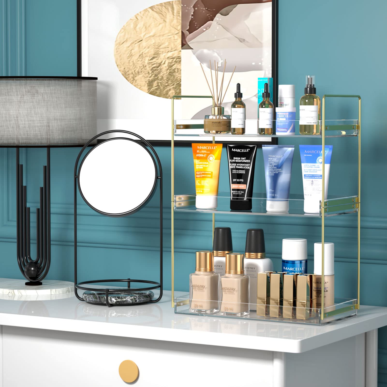 Bathroom Countertop Organizer, 3 Tier Acrylic Tray Vanity Counter Skincare Organizer Shelf, Kitchen Under Sink Standing Rack, Home Storage Holder for Lotion Makeup Cosmetics Perfume Spice, Gold