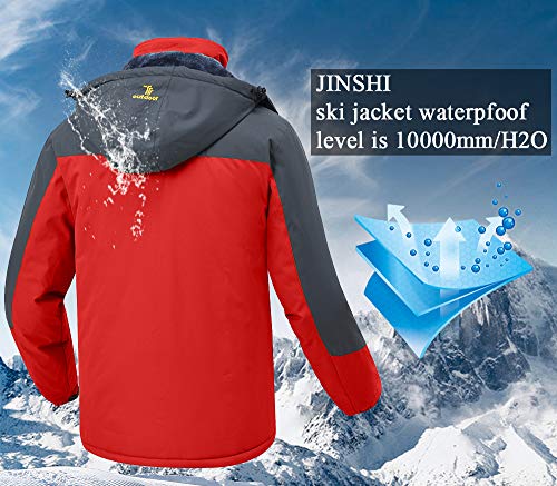 JINSHI Men's Snow Jacket Waterproof Ski Jackets Winter Hooded Mountain Fleece Jacket (Red,M)