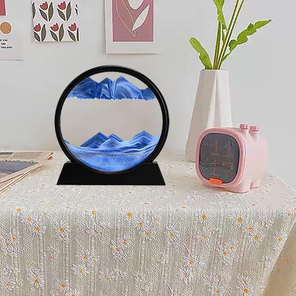 rysnwsu 3D Dynamic Sand Art Liquid Motion, Moving Sand Art Picture Round Glass 3D Deep Sea Sandscape in Motion Display Flowing Sand Frame Relaxing Desktop Home Office Work Decor (Blue, 7'')