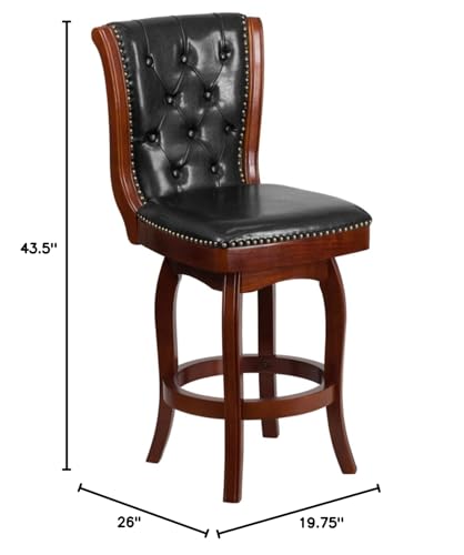 Flash Furniture 26'' High Cherry Wood Counter Height Stool with Button Tufted Back and Black LeatherSoft Swivel Seat