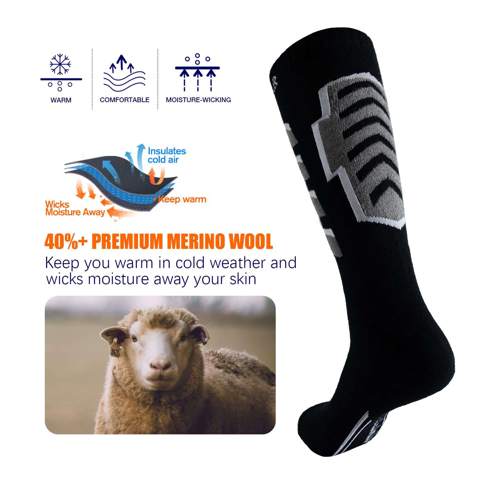 Bulinlulu Merino Wool Ski Socks 2 Pairs Pack for Skiing, Snowboarding, Hunting Hiking Cold Weather, Winter Performance Sport Socks(Black,Medium)
