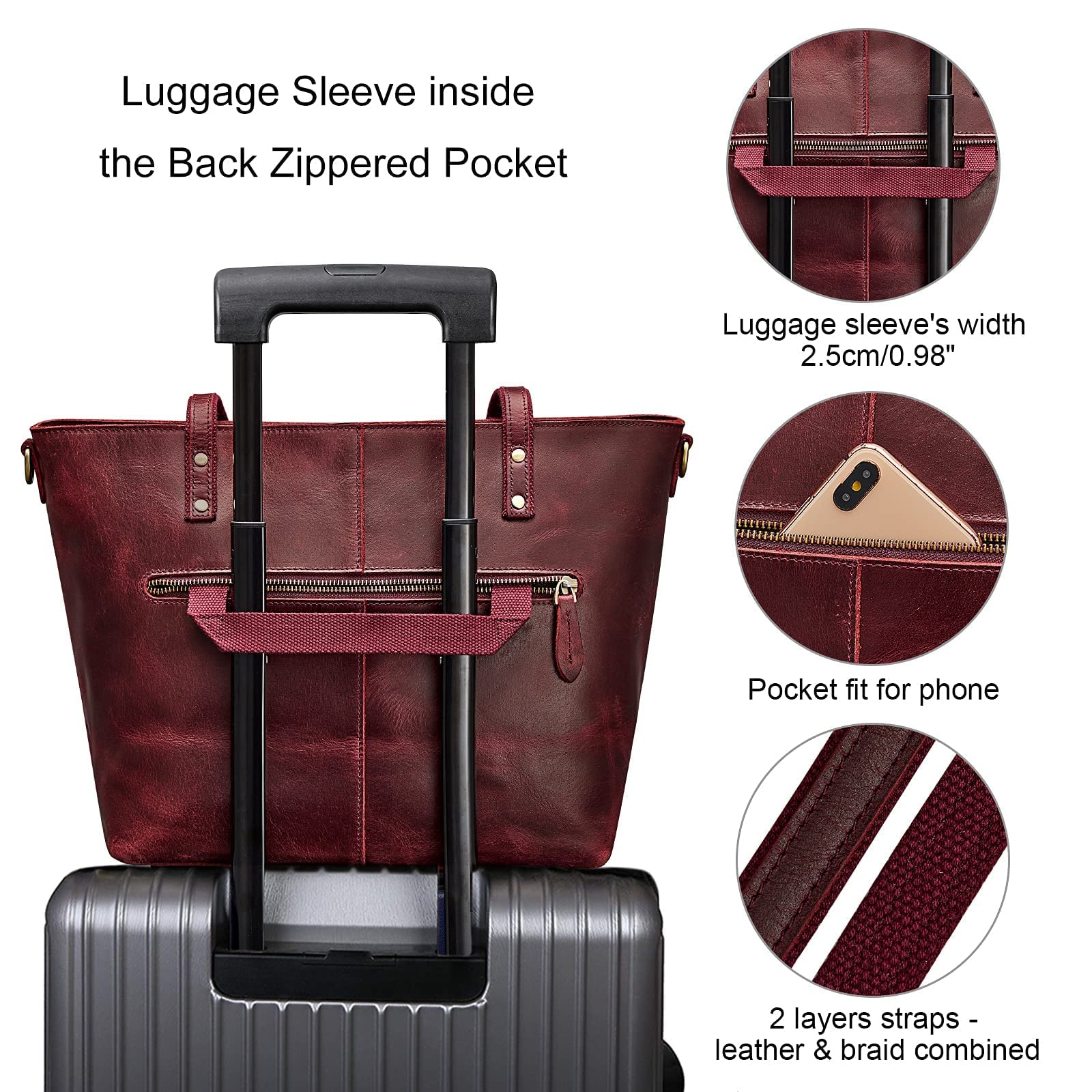 S-ZONE Genuine Leather Tote Bag for Women Vintage Shoulder Handbag Purse with Crossbody Strap Medium