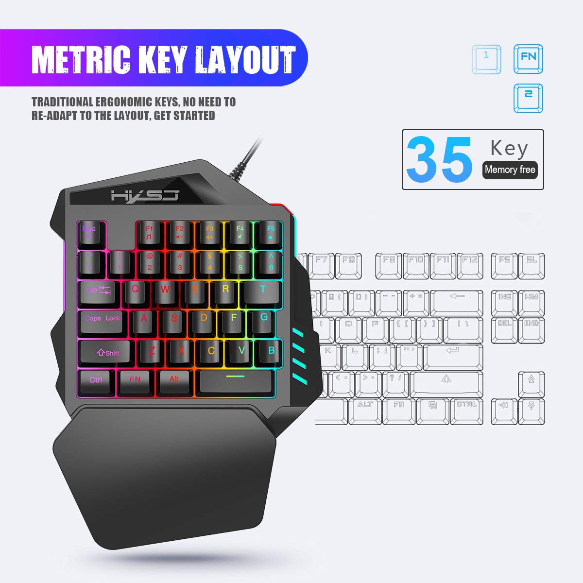 HXSJ V100 one-Handed Colorful Backlit Keyboard one Hand Mechanical Gaming Keyboard Mini Portable Wired Game Keyboard