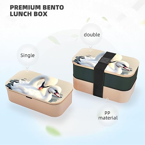 Cute Little Swan Adult Lunch Box, Bento Box, With Cutlery Set Of 3, 2 Compartments, Rectangular, Lunch Box For Adults