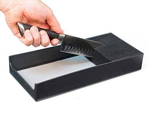 Plastic KNIFEdock - In-Drawer Knife Storage for your kitchen. Replace your knife block with a revolutionary product. Clear your counter top of clutter, and easily identify the desired knife. KNIFEdock