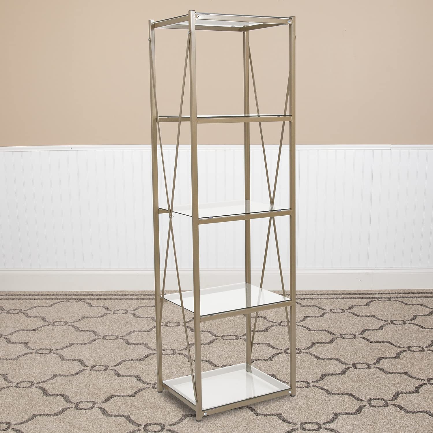 Flash Furniture Mar Vista Collection 4 Shelf 64"H Cross Brace Glass Bookcase in Matte Gold