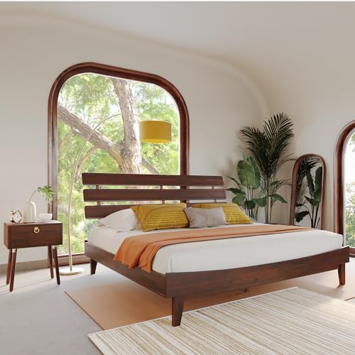 Bme Caden 15'' Bed Frame with Adjustable Headboard - Mid Century, Retro Style with Acacia Wood - No Box Spring Needed - Wood Slat Support - Easy Assembly - Walnut, King (U.S. Standard)