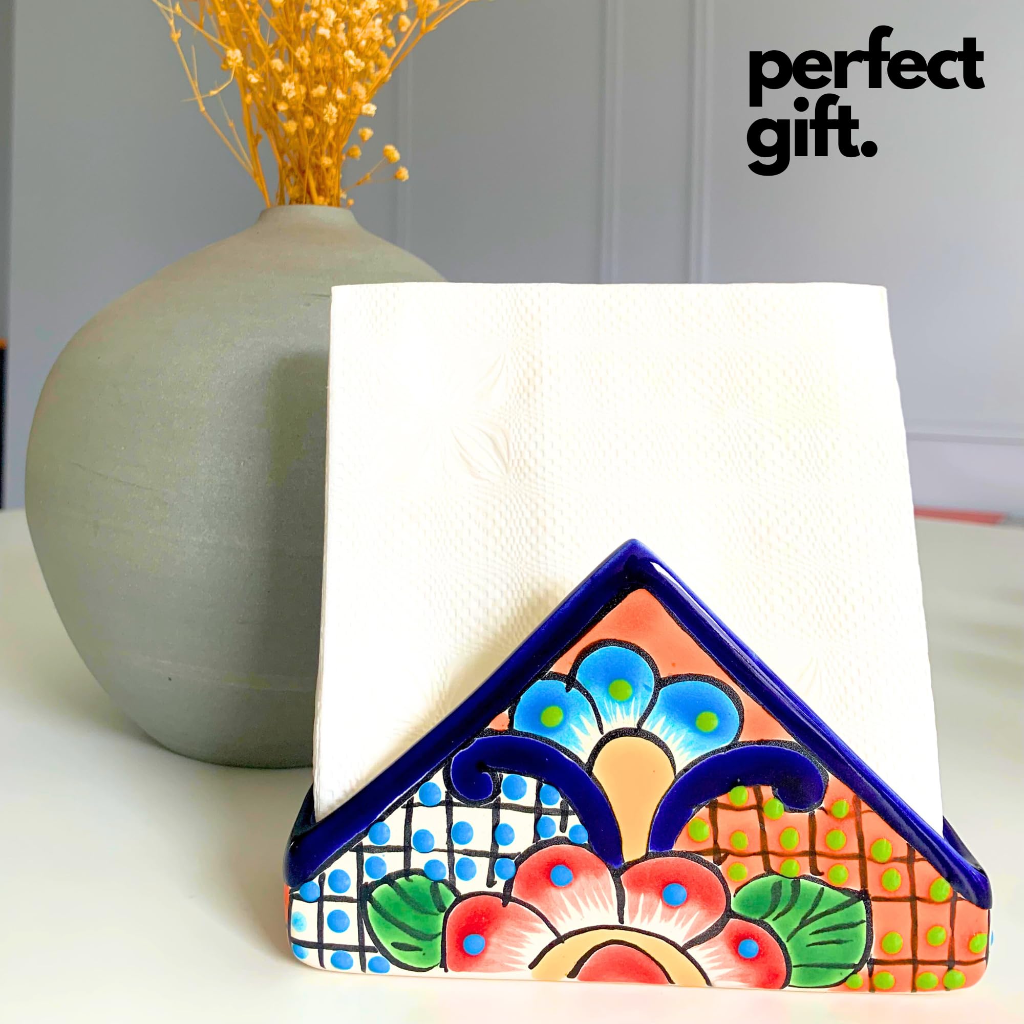 Ceramic Cocktail Napkin Holder - Authentic Mexican Pottery - for Kitchen Countertop | Dinner Table | Indoor & Outdoor Use Tissue and Letter Holder - Mexican Style Talavera Servilletero (Multicolor)