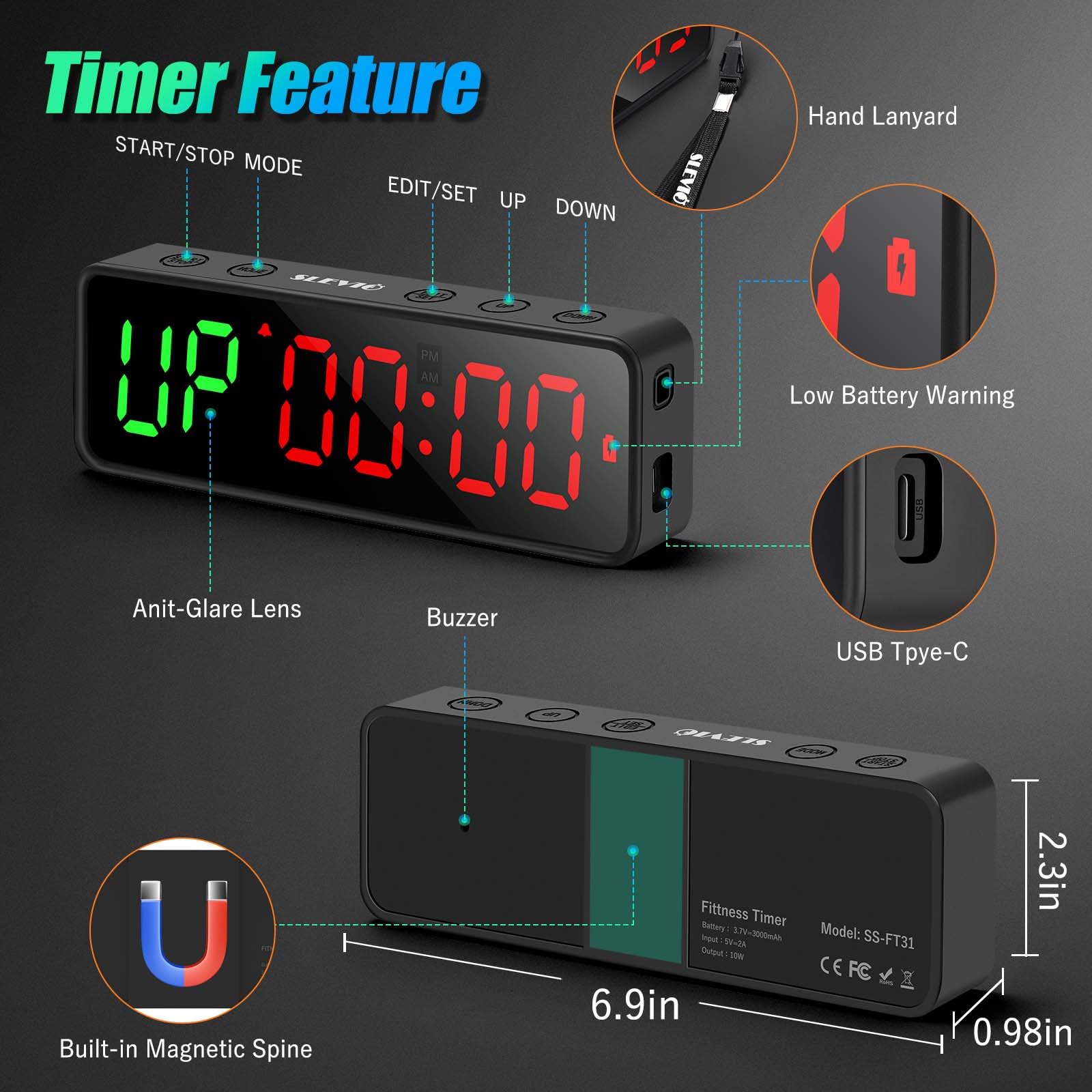 Portable Gym Workout Timer, Fitness Clock with The Rubber Case and Built-in Magnetic Spine, Large LED Digital Anti Vertigo Display, for Home Garage Schools (Black)