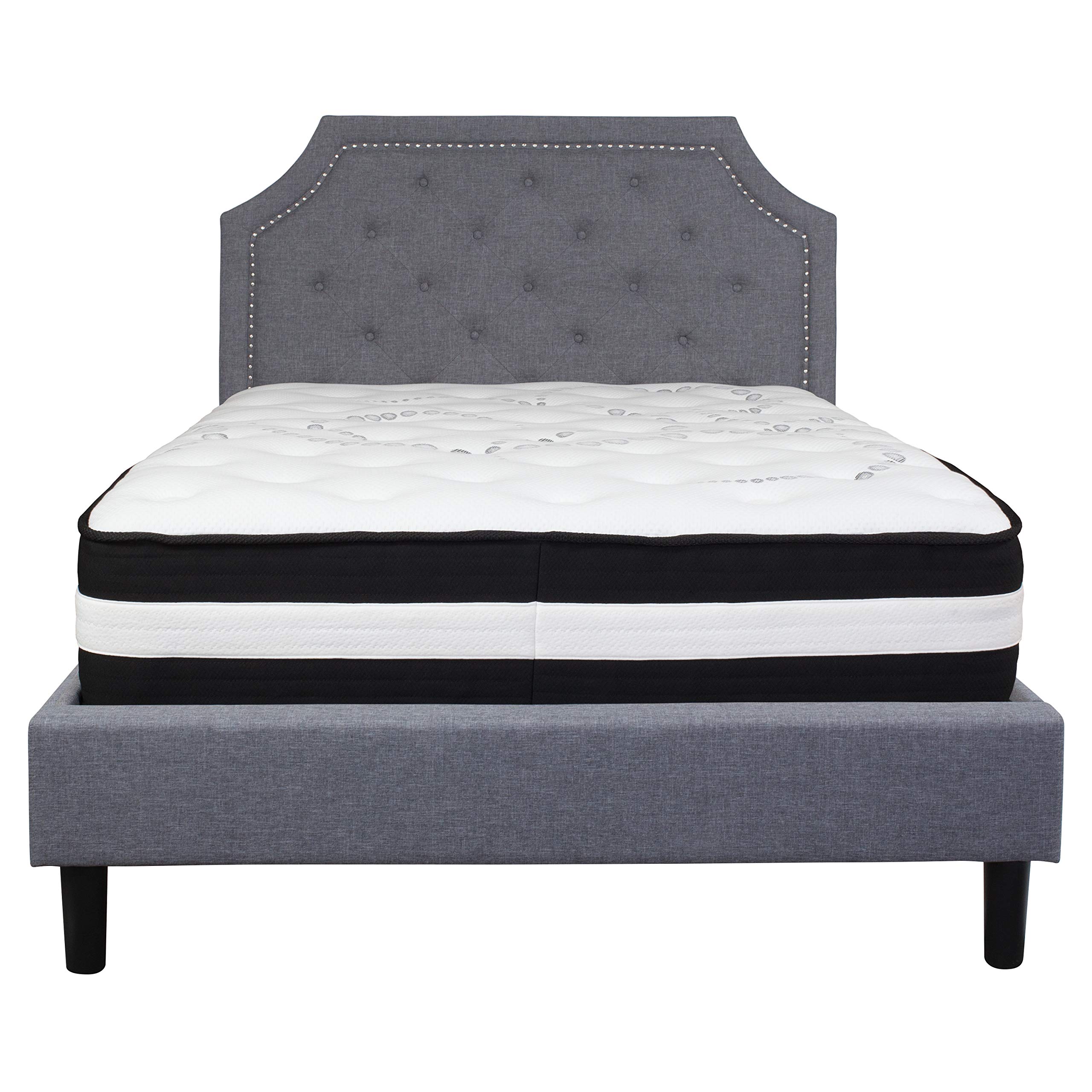Flash Furniture Brighton Full Size Tufted Upholstered Platform Bed in Light Gray Fabric with Pocket Spring Mattress