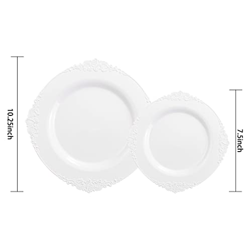 Morejoy 100PCS White Plastic Plates - White Disposable Plates - Include 50 Pieces 10.25 Inch Dinner Plates & 50Pieces 7.5 Inch Dessert Plates - Perfect for Weddings & Thanksgiving & Christmas