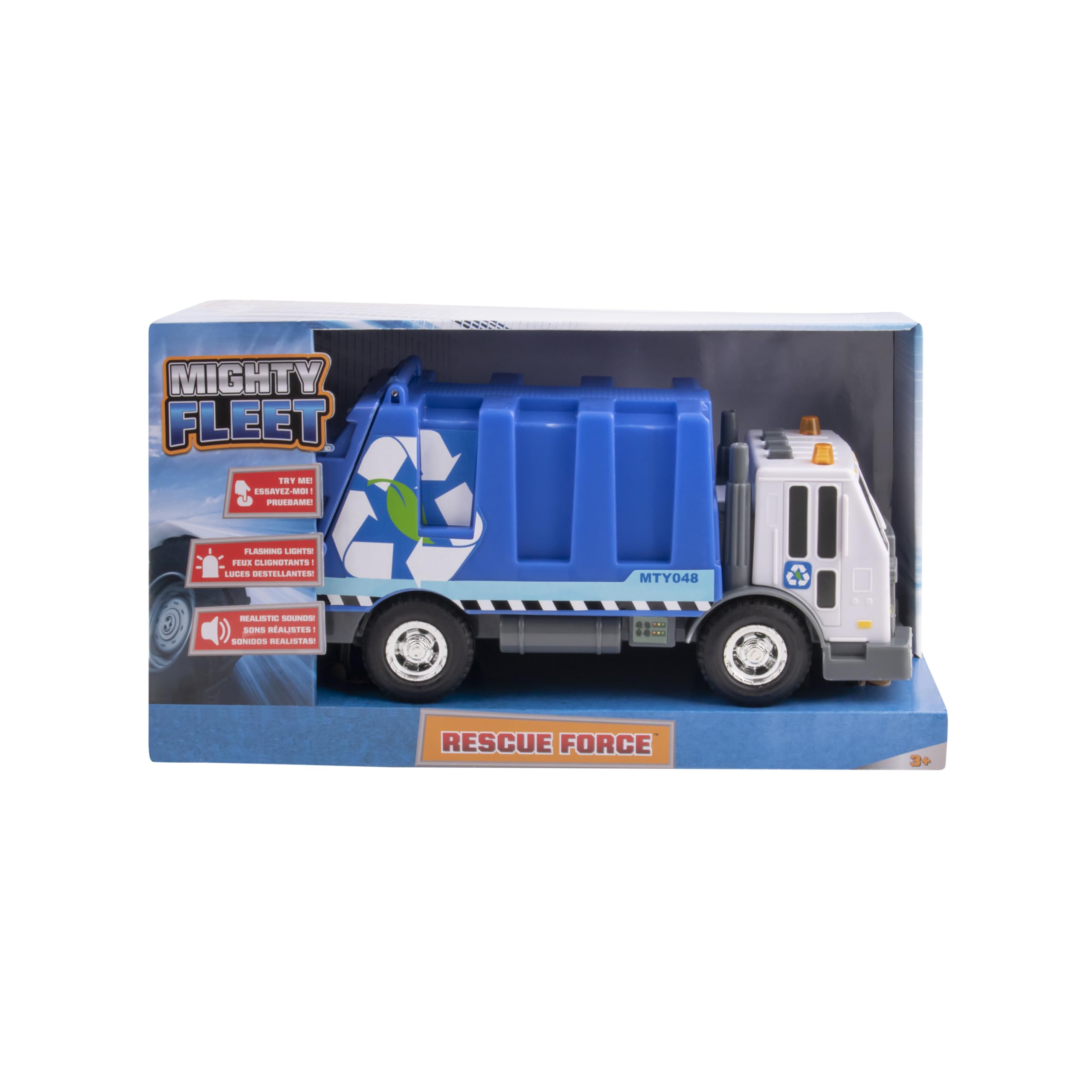 Mighty Fleet Rescue Force 12" Garbage Truck Toy - Realistic Lights & Sounds, Detachable Recycling Bin, Free Wheeling Play, Ages 3+