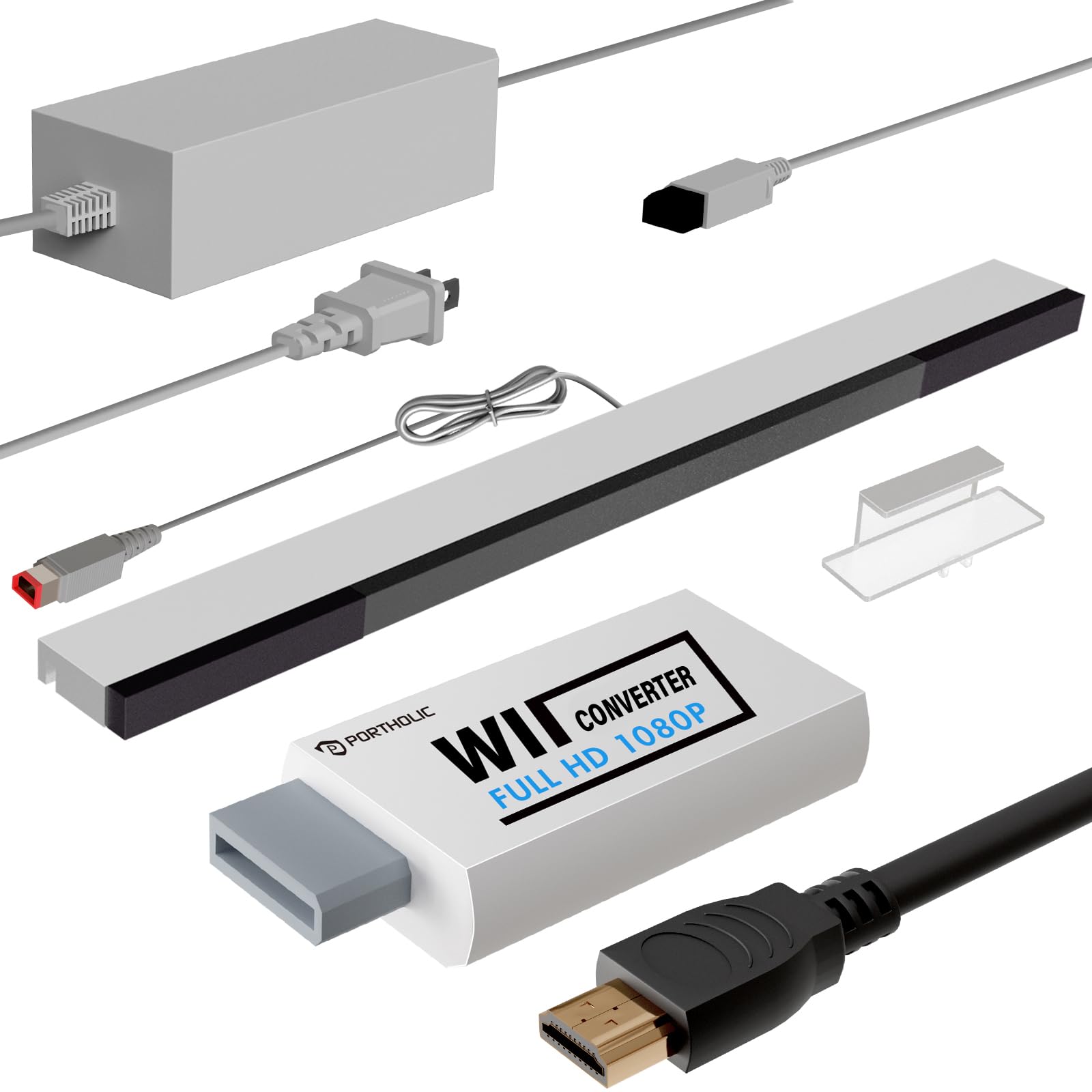 PORTHOLIC 4 in 1 Wii Replacement Cables Set, Wii AC Power Adapter + Wii to hdmi Converter+ Wired Motion Sensor Bar and Composite Audio Video Cable for Nintendo Wii