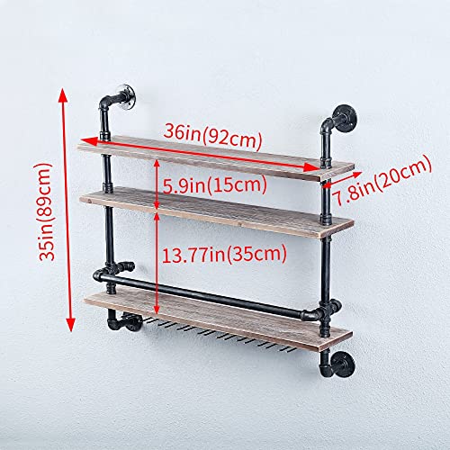 Industrial Pipe Shelf Wine Rack Wall Mounted with 9 Stem Glass Holder,3-Tiers Rustic Floating Bar Shelves Wine Shelf,36in Real Wood Shelves Wall Shelf Unit,Steam Punk Pipe Shelving Wine Glass Rack