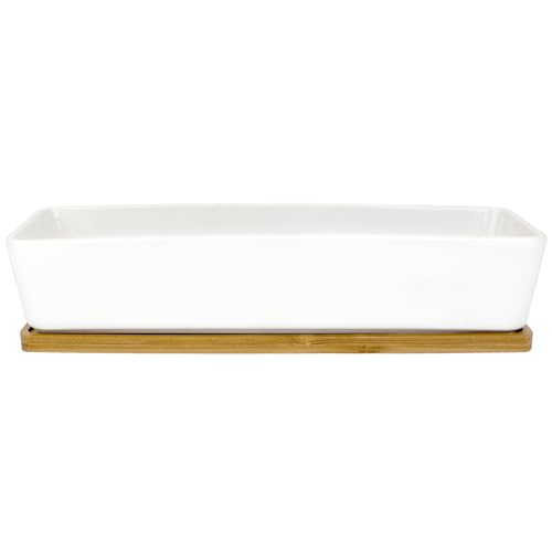 Ceramic Succulent Pots - 1 Pot - Long Rectangle - with Bamboo Tray - White - 11"