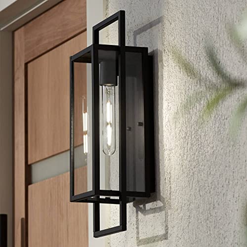 Possini Euro Design Jericho Modern Industrial Outdoor Wall Light Fixture Textured Black Metal 19" Clear Glass Panel for Exterior House Porch Patio Outside Deck Garage Yard Front Door Garden Home