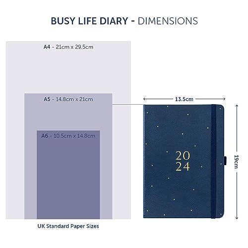 Busy B Busy Life Diary January to December 2024 - A5 Navy - Faux Leather Week to View Planner with Dual Schedules, Pen Holder and Pockets