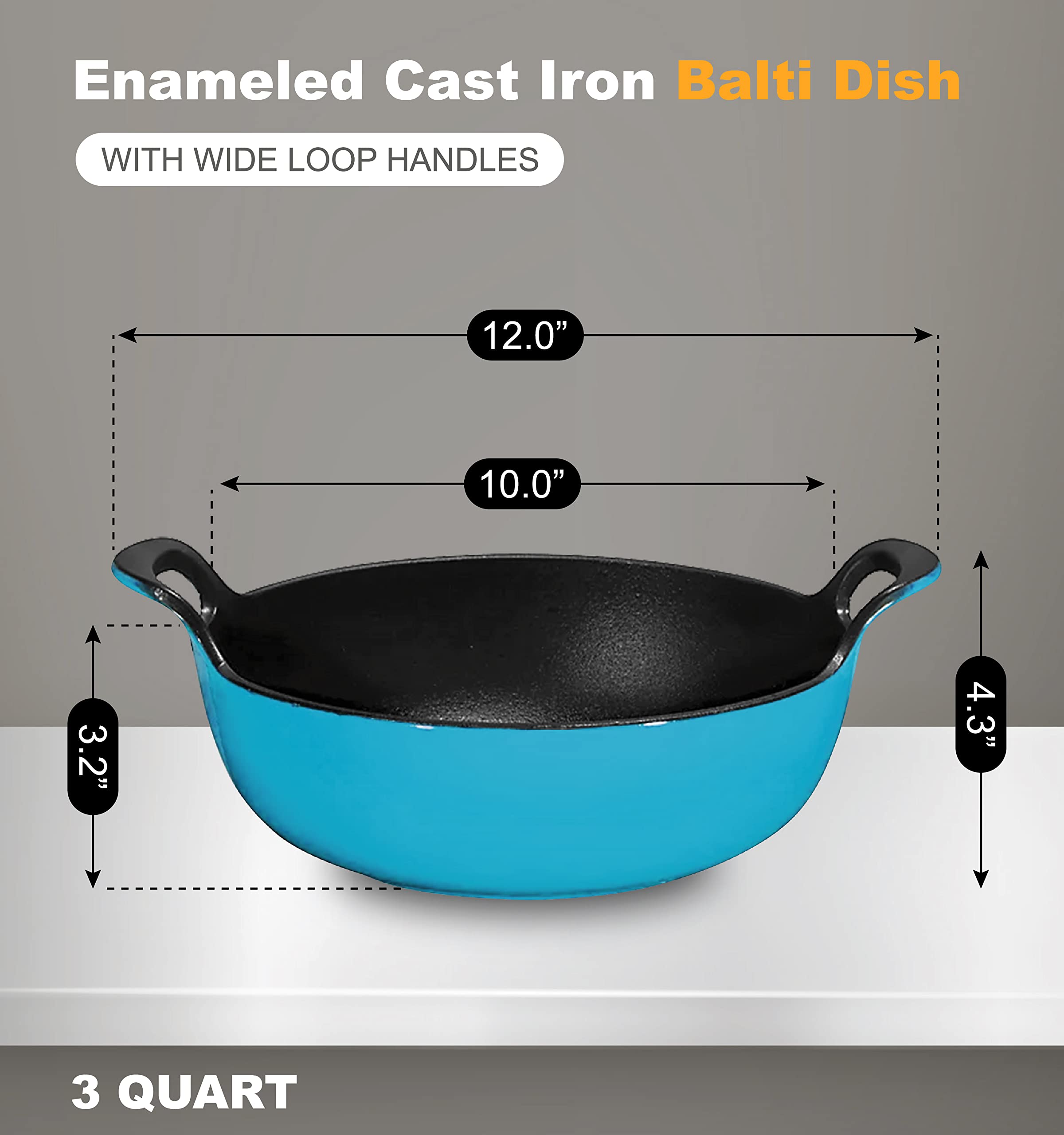 Bruntmor 3 Qt Pre-seasoned Cast Iron Balti Dish In Black, 3 Quart Medium Cast Iron Casserole Dish, Nonstick Handi Cast Iron Kadai Indian, Asian Wok, Pioneer Women Dutch Oven