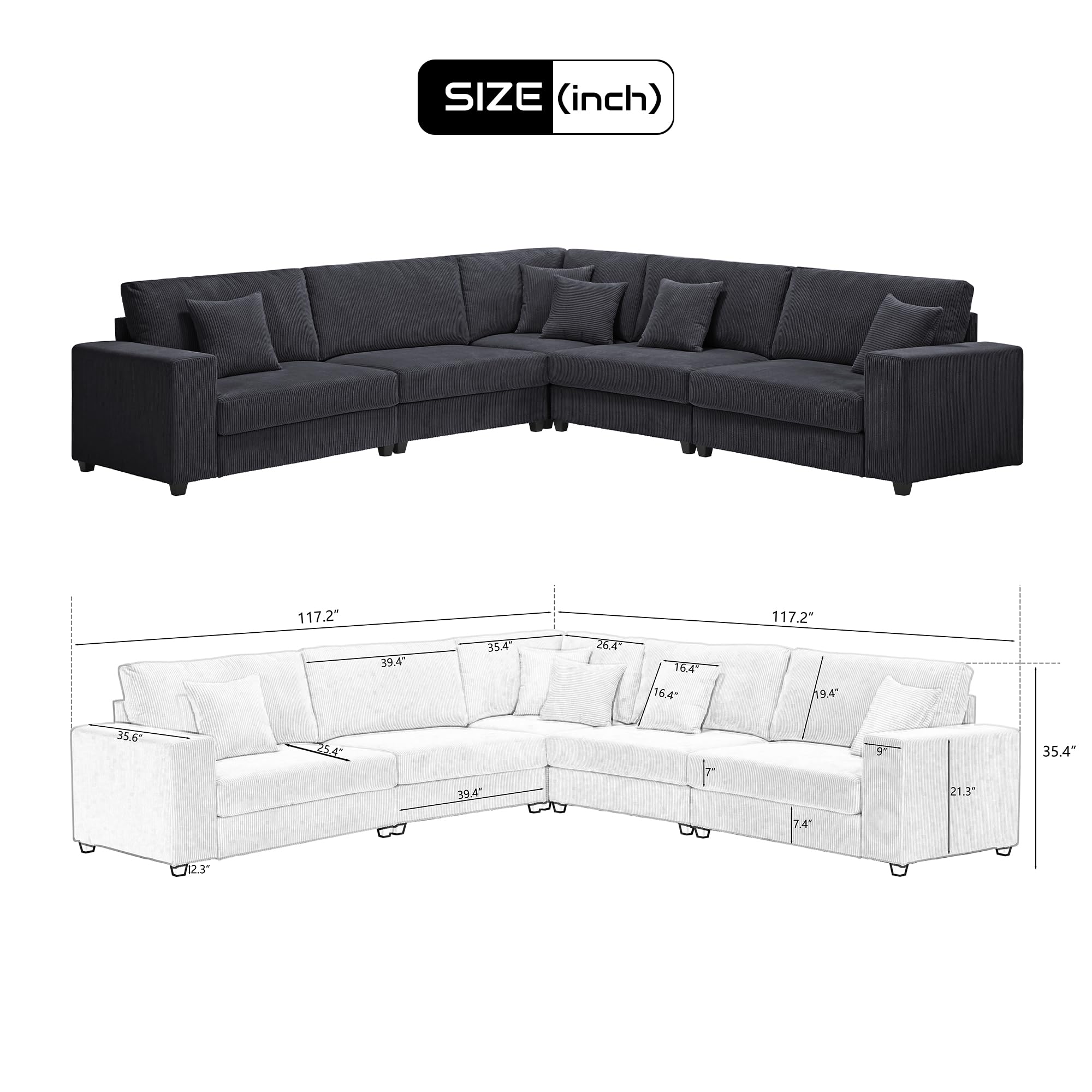 Familymill 117.2'' Oversized Symmetrical Modular Sectional Couches Set, Corduroy Upholstered Deep Seat Corner Sofa for Living Room (Dark Gray)