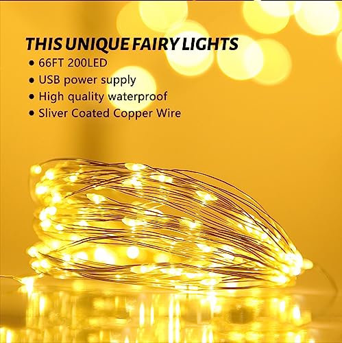 Fairy Lights 66 ft 200 LED USB Twinkle String Lights Plug in Silver Wire Lights with Remote and Timer 8 Modes Outdoor Waterproof Starry Lights DIY Party Wedding Christmas Decoration(Warm White)