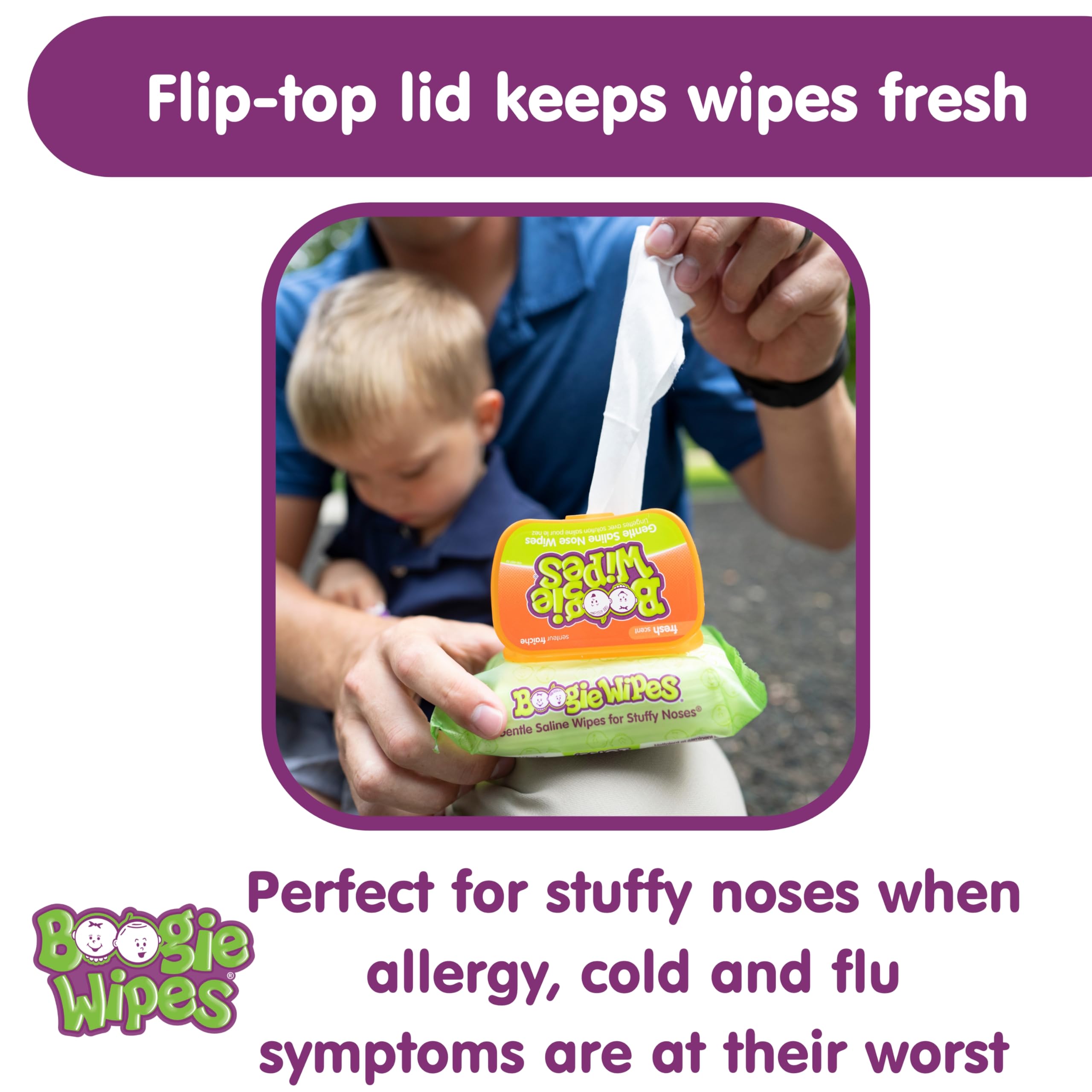 Saline Nose Wipes by Boogie, for Baby & Kids, Face, Hand & Body, FSA/HSA Eligible, Made with Vitamin E, Aloe, and Natural Saline, Fresh Scent, 30 Count (Pack of 12)
