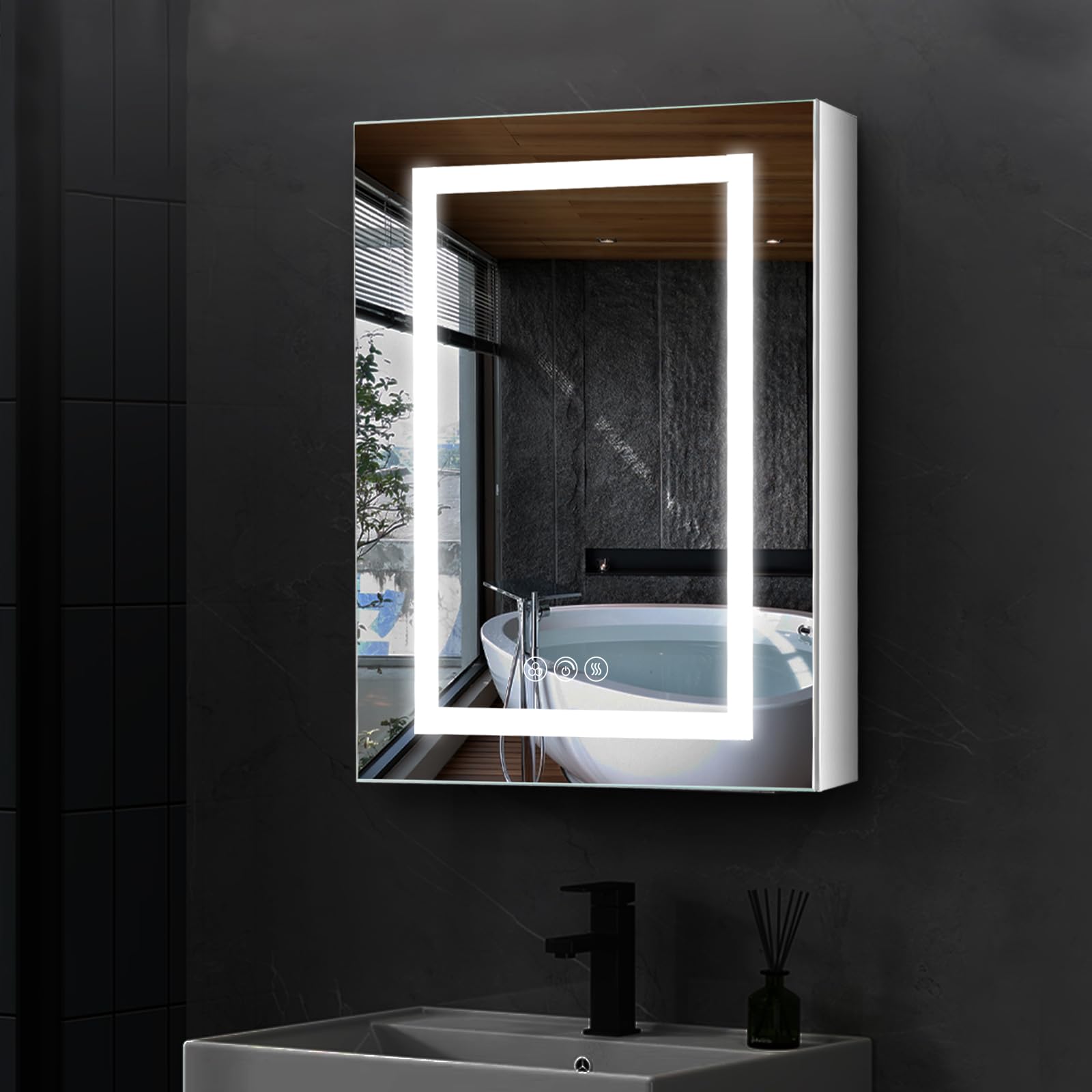 DURLDENG Lighted Medicine Cabinet with Mirror Electrical Outlet,20 X 26 Led Medicine Cabinet Mirror for Bathroom,Internal Light,Recessed Or Surface Wall Mounted, Defogger, Dimmer,Large Angle Hinge