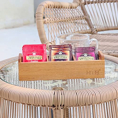 HTB Small Tea Bag Box Wooden, 3 Compartments Acacia Wood Tea Bag Chest with Handle, Mini Countertop Divided Storage Container for Beverage Supplies, Sugar, Sweeteners, Individual Packets