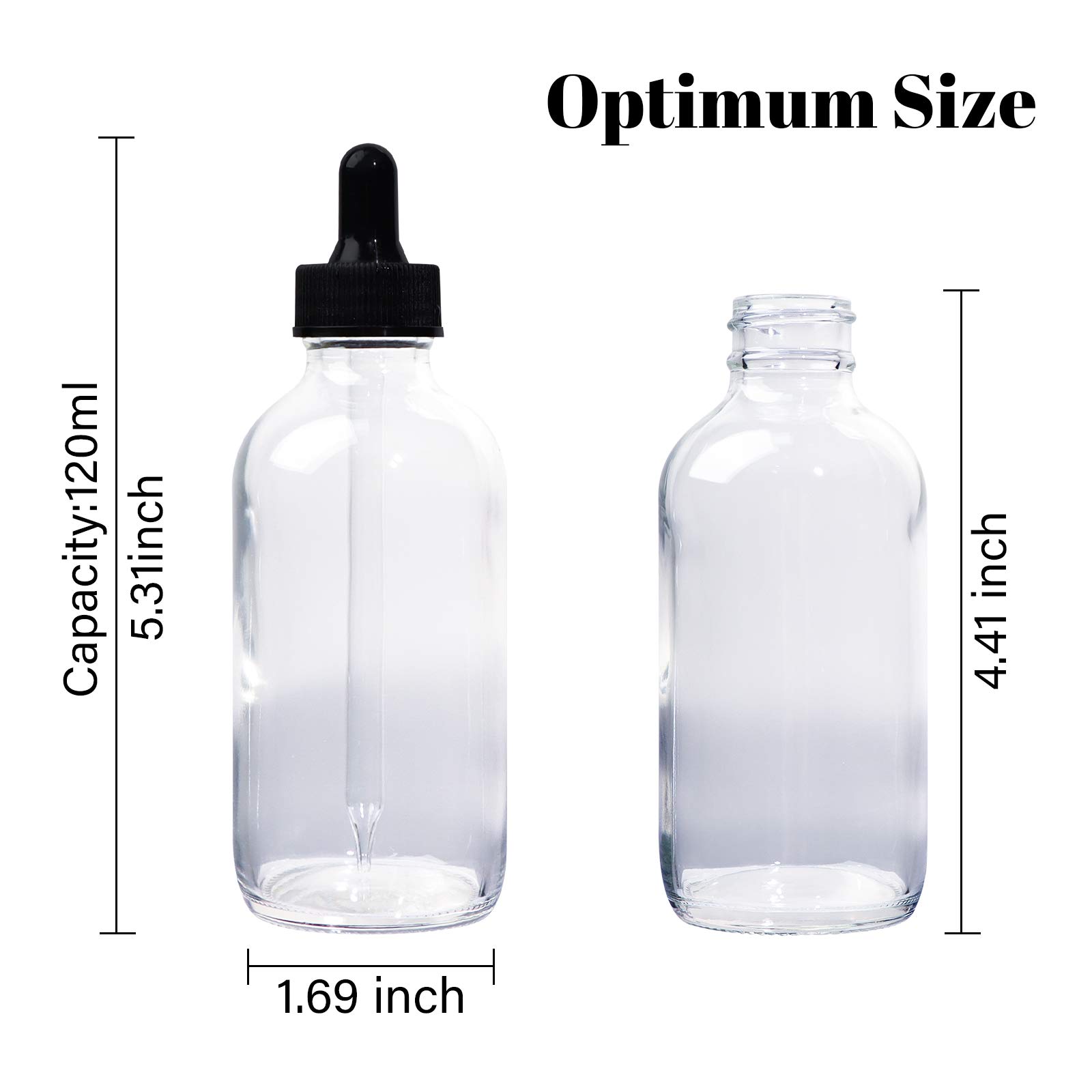 HWASHIN 12 Pack 4oz Clear Glass Bottles with Glass Eye Droppers for Essential Oils, Perfumes & Lab Chemicals (1 Brush, 2 Funnels, 2 Extra Droppers, 24 Pieces Labels & 30ml Measuring Cup Included)