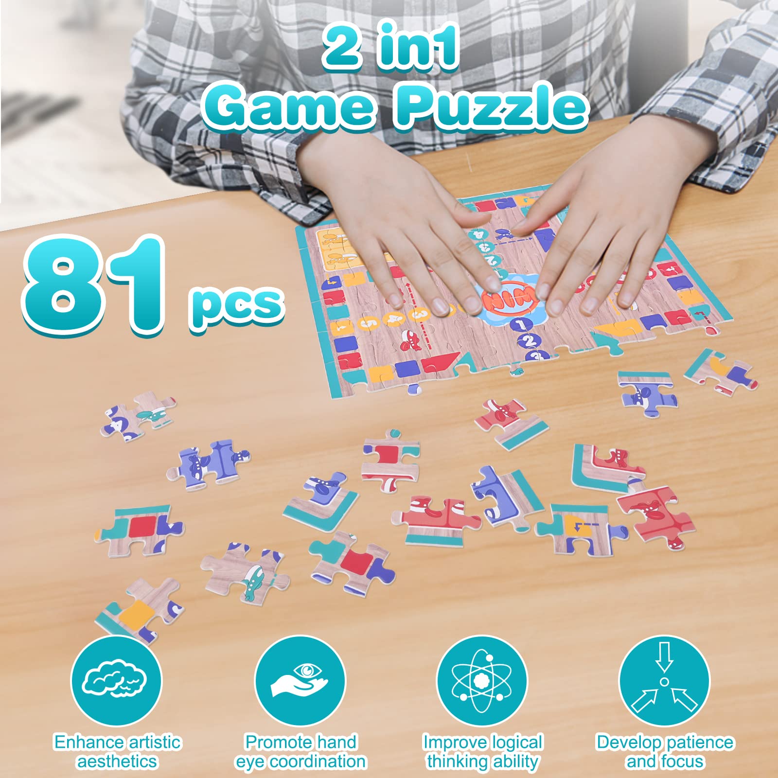 Buluwans Ludo Board Game and Jigsaw Puzzles 2 in 1 for Kids Adults Seniors Teens 81 Pieces Flight Chess Building Block
