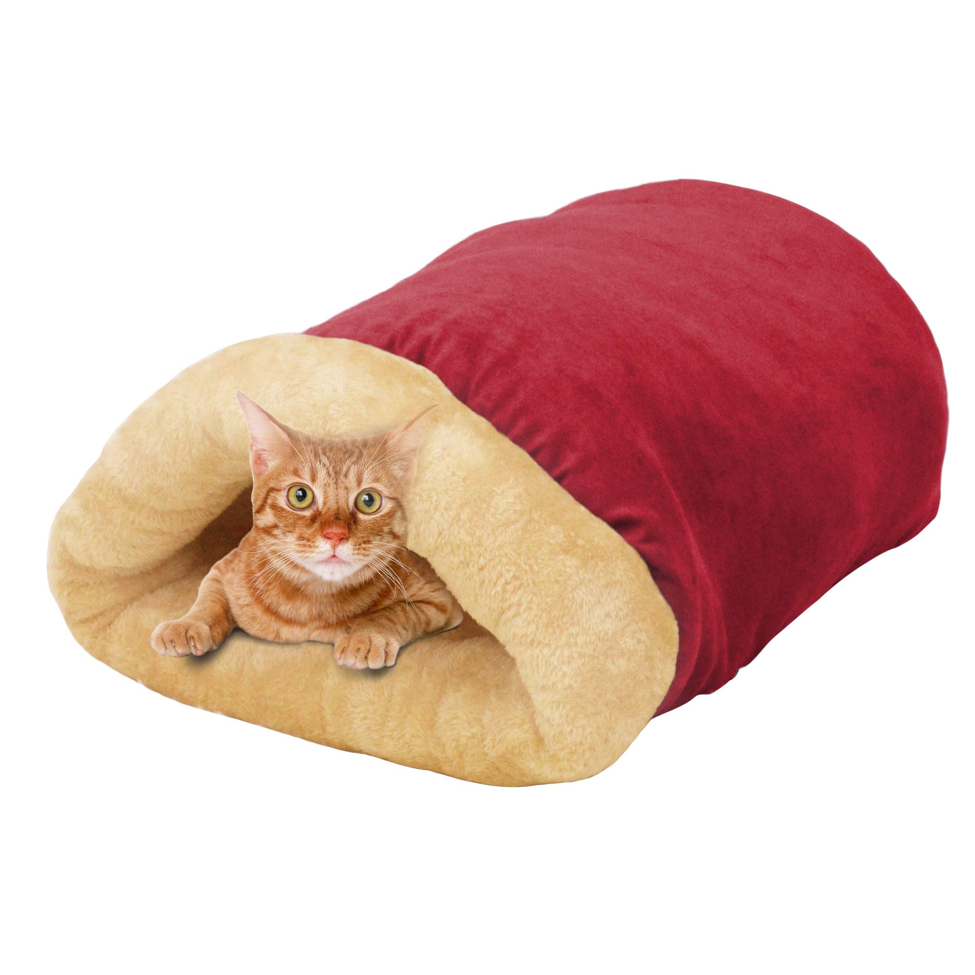 GOOPAWS 4 in 1 Self Warming Burrow Cat Bed, Pet Hideway Sleeping Cuddle Cave (Burgundy)