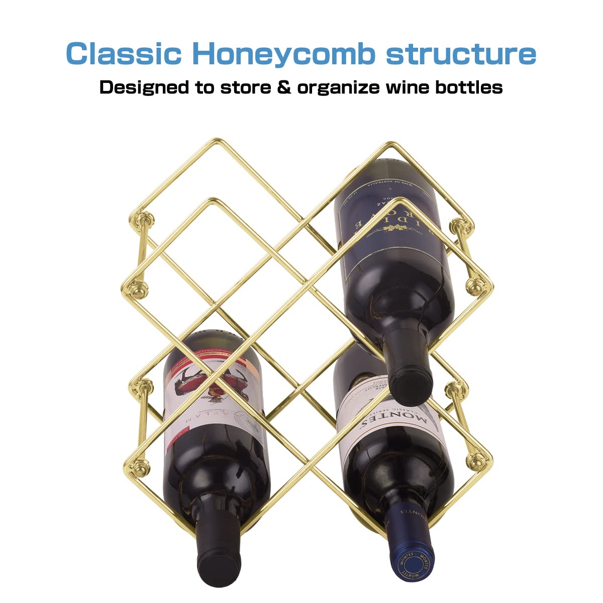 Buruis Countertop Wine Rack - 6 Bottle Wine Holder for Red White Wine Storage - Freestanding Metal Wine Rack - Small Tabletop Wine Rack - Modern Wine Bottle Holder (6 Bottle Gold)