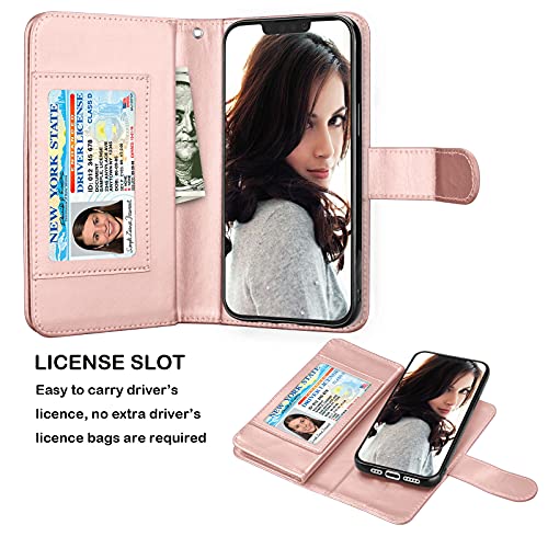 NJJEX Compatible with iPhone 13 Mini Case/iPhone 13 Mini Wallet Case 5.4" (2021), [9 Card Slots] PU Leather Credit Holder Folio Flip [Detachable] Kickstand Magnetic Phone Cover & Lanyard [Rose Gold]