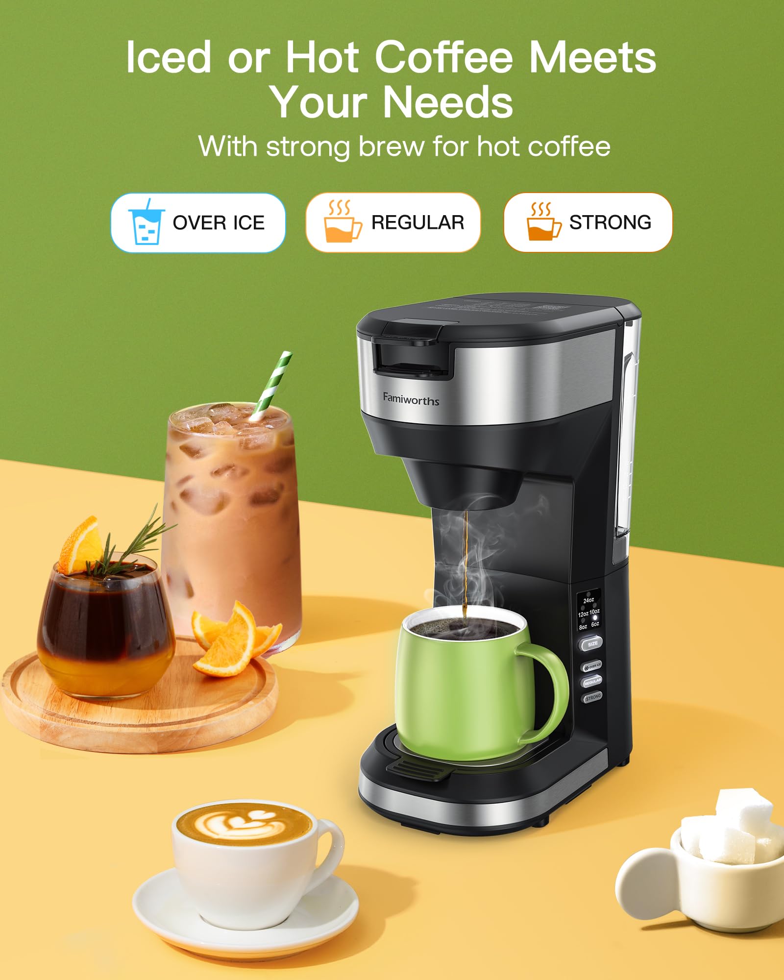 Famiworths Upgraded Hot and Iced Coffee Maker for K Cups and Ground Coffee, 4-5 Cups Coffee Maker and Single-serve Brewers, with 30 Oz Removable Water Reservoir, 6 to 24 Oz Cup Size, Classic Black