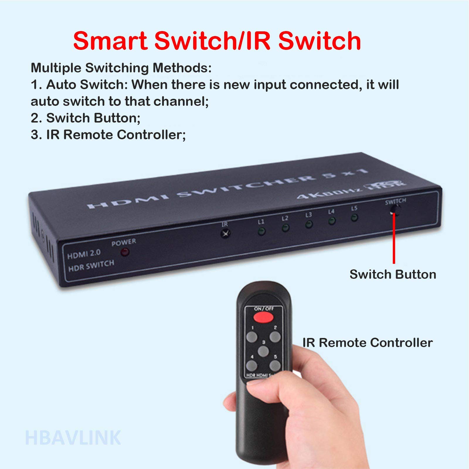 HDMI Switch Box 5 in 1 out- HBAVLINK 5 Port HDMI Switcher with Remote Video Switch Selector Hub for TV, Support HDMI 2.0 4K 60Hz 1080P 720P ARC CEC HDCP HDR for Roku Apple TV PS4 Xbox Blu ray Player