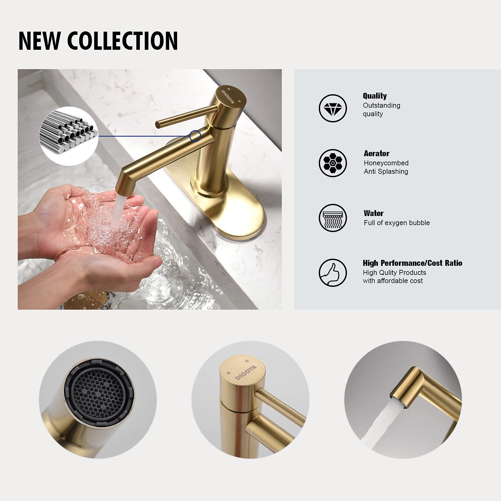 Brushed Gold Bathroom Faucet with Plastic Pop Up Drain, 6.25'' Metal Escutcheon and Supply Lines, Single Handle Stainless Basin Mixer Tap, Modern Bathroom Sink Faucet for 1 or 3 Hole Vanity Sink