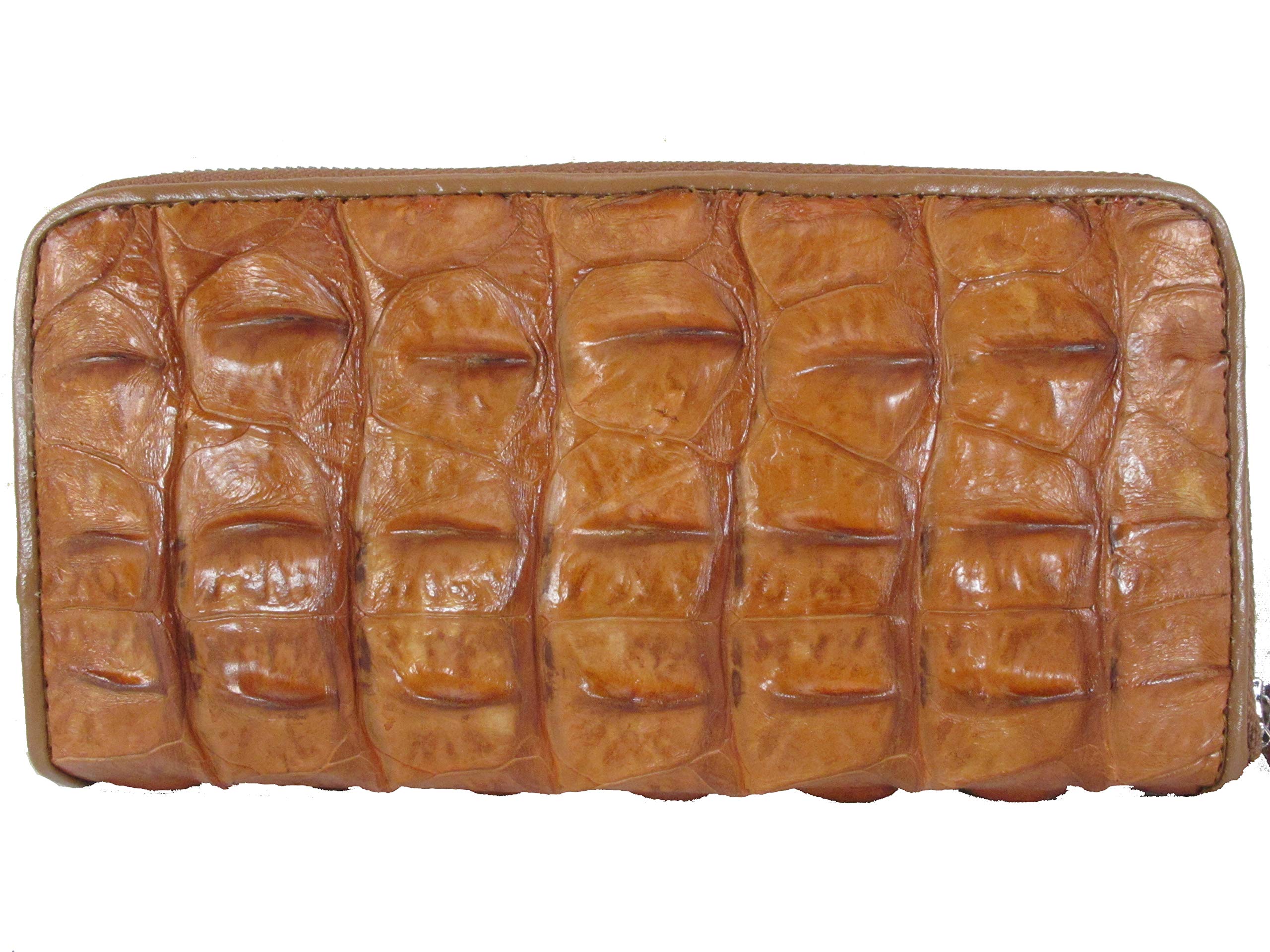 Pelgio Genuine Crocodile Backbone Skin Leather Zip Around Long Wallet (Tan Brown)
