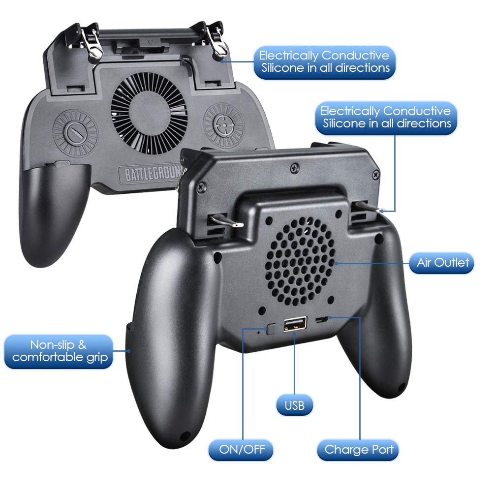 Qoosea Mobile Controller with 4000mAh Battery Power Bank Cooling Fan Mobile Controller L1R1 Game Trigger Joystick Gamepad Grip Remote for PUBG/Knives Out/Free Fire for Android iOS Phone 4.5-6.5"