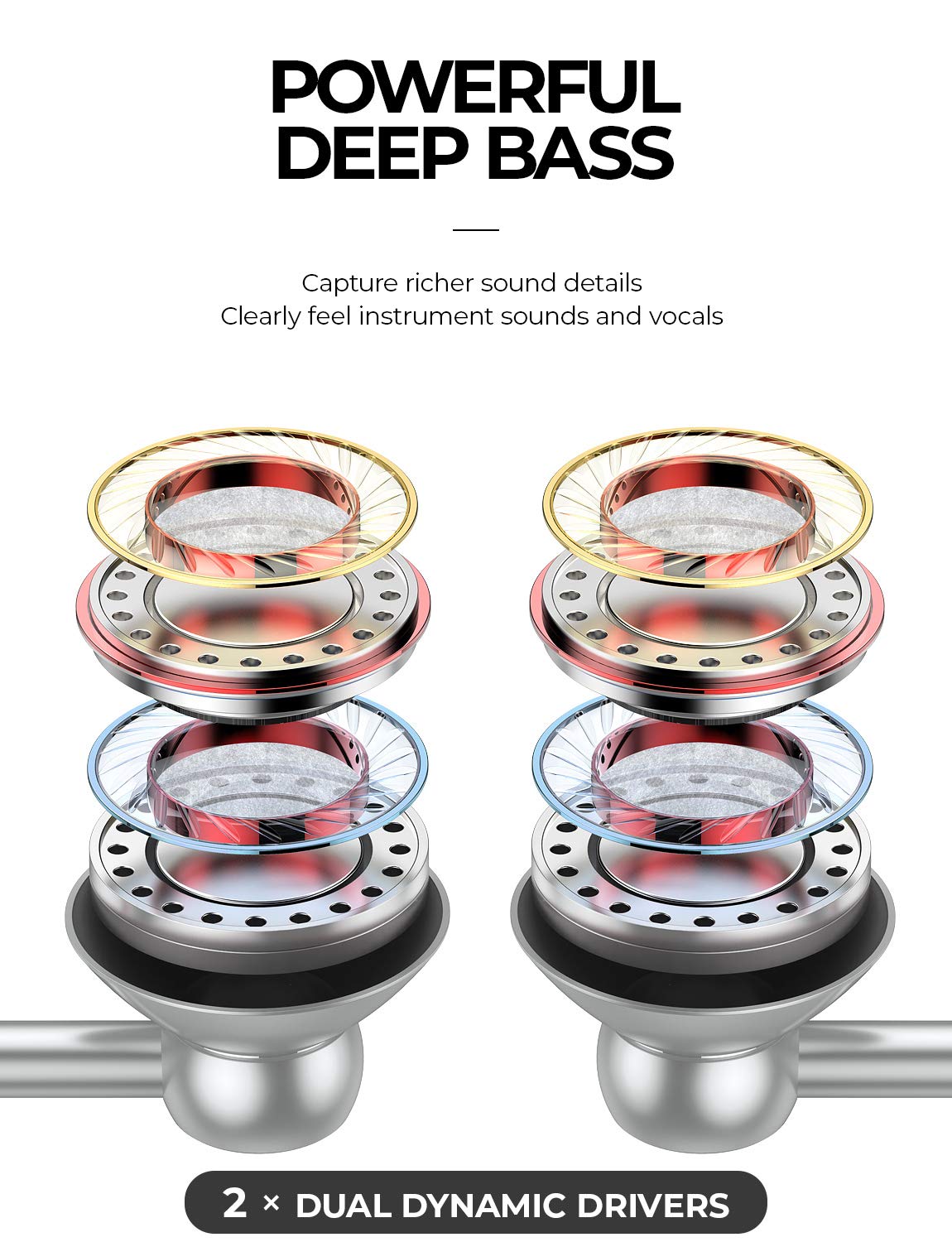 Linklike Earbuds in-Ear Headphones Deep Bass Wired Earbuds with Mic Noise Isolating Hi-Res Quad Drivers Earphones Volume Control Ear Bud Tips Lightweight 3.5mm for iPhone Samsung Laptops