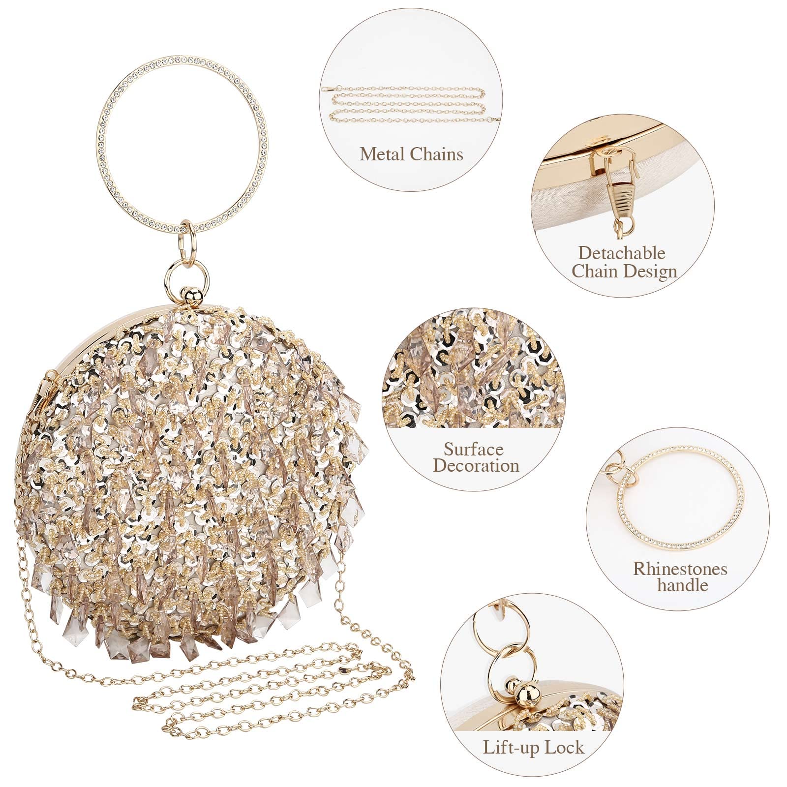 Tanpell Womens Evening Bag Round Beaded Clutch Handbag Sequins Bridal Wedding Purse for Cocktail Party (Gold)
