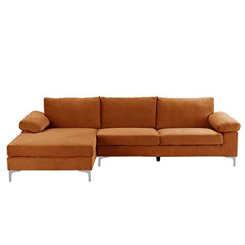 Divano Roma Furniture Modern Velvet L-Shape Sectional Sofa, with Extra Wide Chaise Lounge Couch, Orange