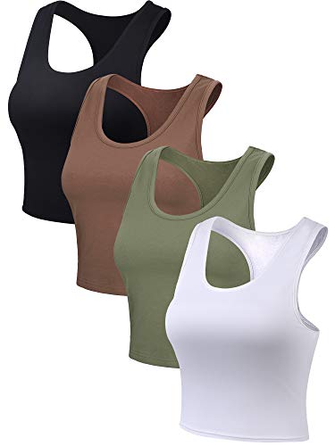 Boao 4 Pieces Basic Tank Tops Sleeveless Racerback Crop Top for Women(Black, White, Army Green, Coffee,Large)