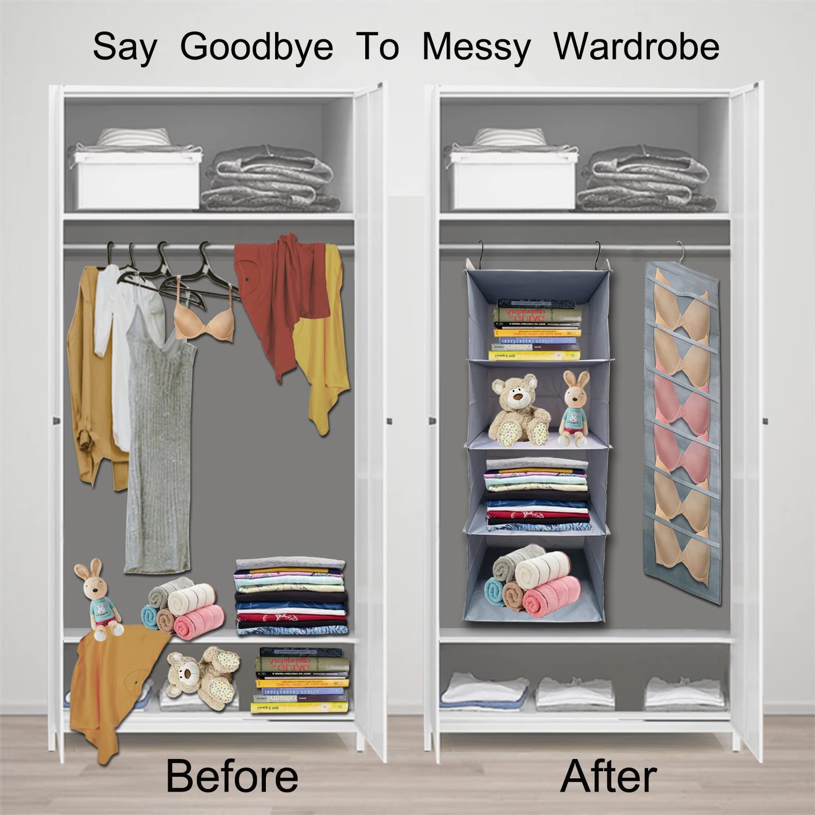 Taoomeho Hanging Closet Organizers and Storage Set,4-Shelf Foldable Hanging Storage Shelves and Dual-Sided Storage Bags,Great for Clothes Bag Bra Underwear Underpants Socks Organization Storage,Gray