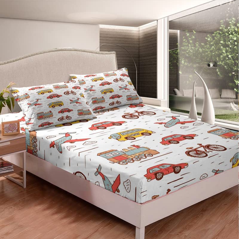 Feelyou Cartoon Car Bed Sheets Set Kids Train Airplane Print Sheet Set Boys Girls Decor Bus Bicycle Rider Sheets with Deep Pocket Fitted Sheet Microfiber Aircraft Red Bedding Set Bedroom Queen
