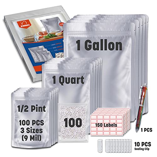 IOSSA 100 Pcs Mylar Bags for Food Storage with Oxygen Absorbers 100x300cc, Resealable Locked Long Term Food Storage, Stand-Up Zipper Pouches, Mylar Bag with Labels & Clips & Pen