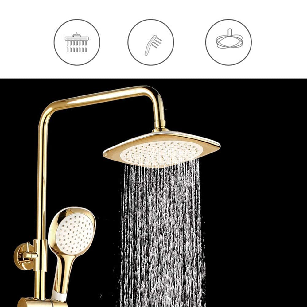 LUNEZY Golden Shower Mixer Tap System Copper Rain Shower Cold and Hot with Faucet Anti-Limestone Shower Head with Hose Shower Mixer Taps Set Bath-D