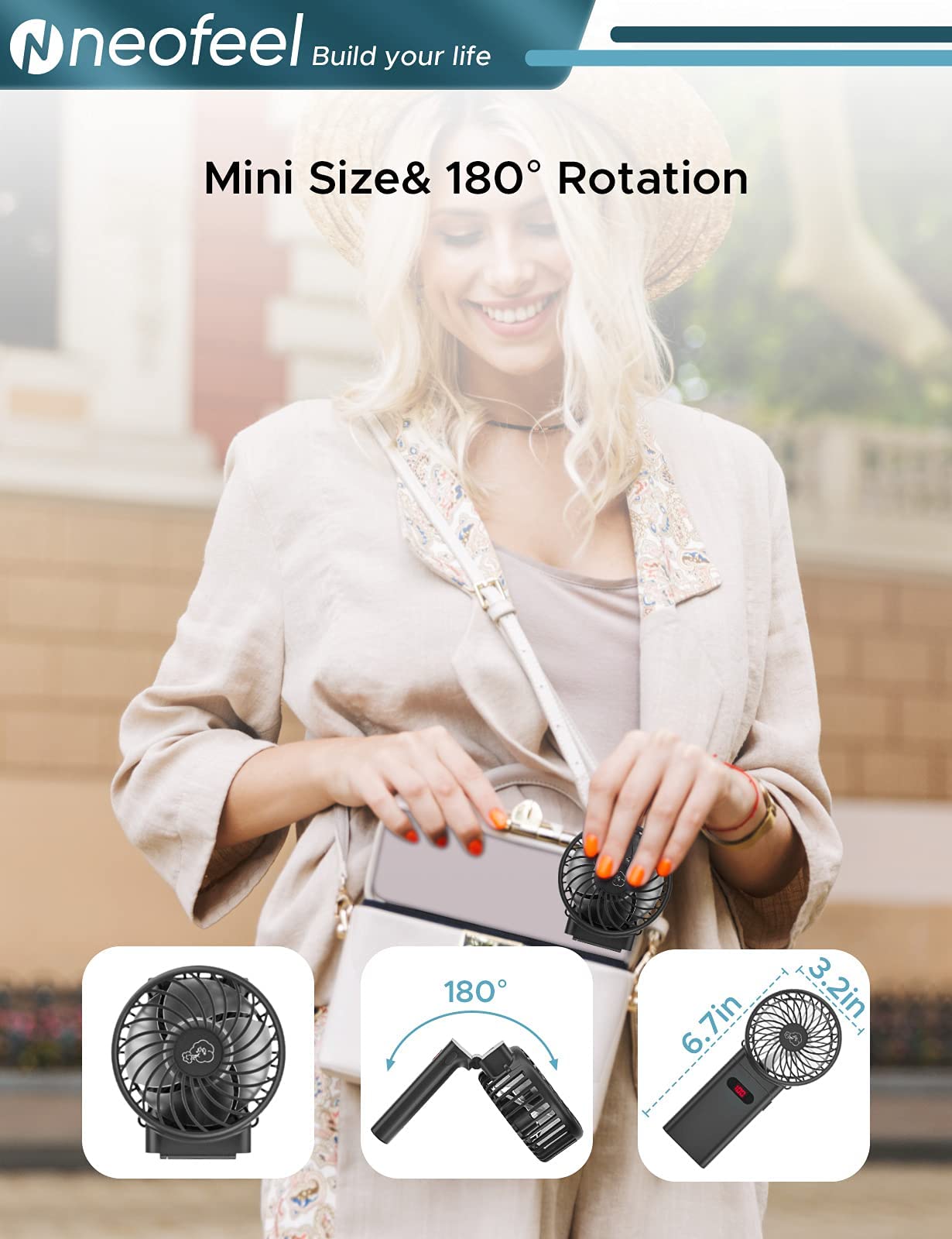 neofeel Portable Handheld Fan, 4000mAh 15hrs Personal Fan with Adjustable Lanyard, 4 Speeds Battery Operated Fan In Rechargeable for Hiking, Travel, Office, School, Camping
