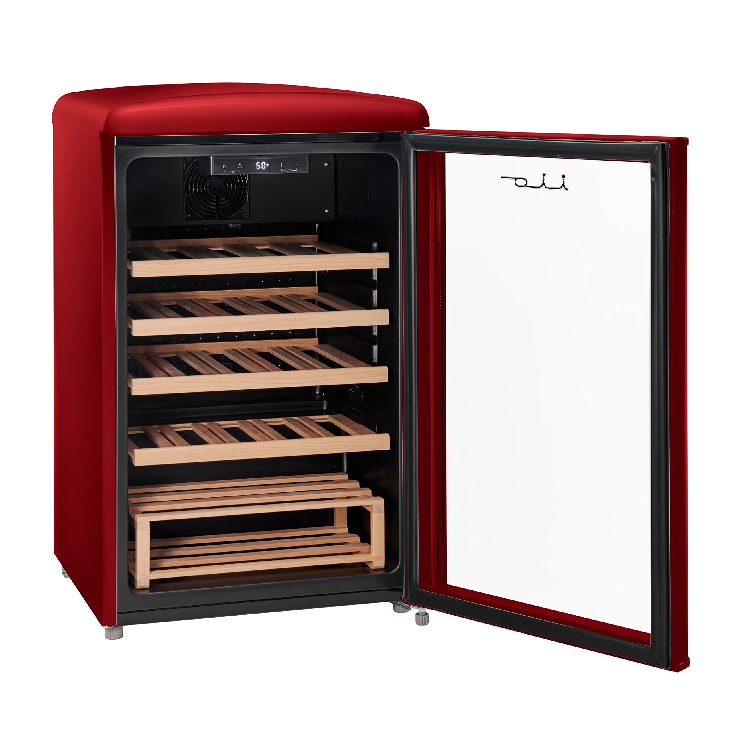 iio 30 Bottle Retro Small Wine Cooler Refrigerator, UV Resistant Glass Door, Cabinet RV Office Bar Beverage Cellar, Mini Fridge for Bedroom, Quiet Compressor, Freestanding, Slide-out Shelves (Red)
